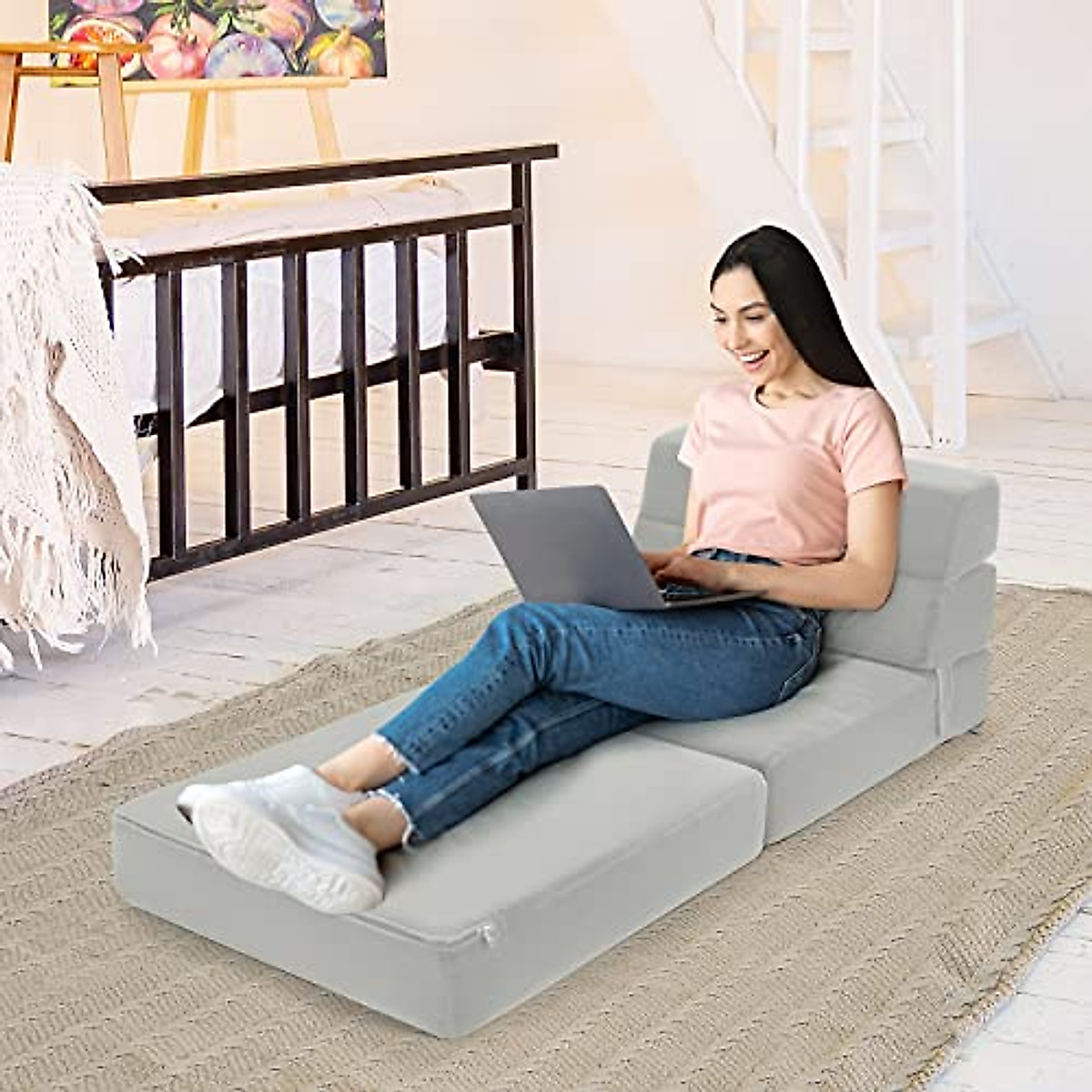 COSTWAY Triple Fold Down Sofa Bed, 3-in-1 Fold Floor Couch Lounge Sleeper with Thick Cushion, Flock Fabric, Convertible Design, Portable Single Guest Bed Mattress for Living Room Bedroom (Grey)