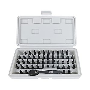 Low Profile Right Angle Ratcheting Screwdriver Set - Mini Ratchet Set Includes 50 Screwdriver Bits Included (Hex, Square, Pozidrive, Phillips, Torx Slotted, Triangle)