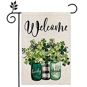 Whaline St. Patrick's Day Garden Flag Vase Lucky Clover Garden Yard Flag Mason Jars Double Sided Print Yard Banner Irish Spring Seasonal Outdoor Home Decoration Garden Flag Welcome Yard Decoration