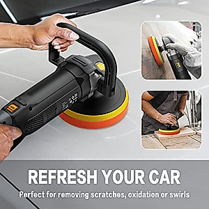 1500W Buffer Polisher, 180mm Rotary Car Polisher Machine Polishing Waxer Kit for Car Detailing with 6-Level Speed，D & Side Handle，4 Foam Pads, 2 Carbon Brushes and 10 Sandpapers