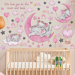 Suplanet Baby Girl Nursery Wall Decor, Elephant Nursery Wall Decal, Moon and Stars Nursery Decor, Baby Nursery Decor Girl, Baby Elephant Nursery Decor, Baby Room Decor Girl, Nursery Wall Stickers