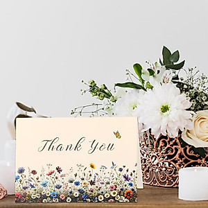 Vnaaem 24 Pack Wildflower Thank You Card with Kraft Envelope Sticker Vintage Floral Thank You Notes for Birthday Wedding Baby Shower Business Bridal Shower Spring Midsummer,4 x 6Inch