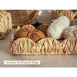 StorageWorks Scalloped Tray, Wicker Tray with Handles, Woven Square Rattan Tray, Scallop Basket Table Décor Trays, Water Hyacinth Rattan Serving Tray for Ottoman Decorative and Organizer Trays