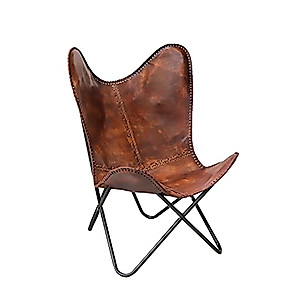 Classy Handmade Dark Brown Leather Butterfly Chair Living Room- Side Hand Stich Leather Chair-Handmade with Powder Coated Folding Black Iron Frame (Cover with Folding Frame)