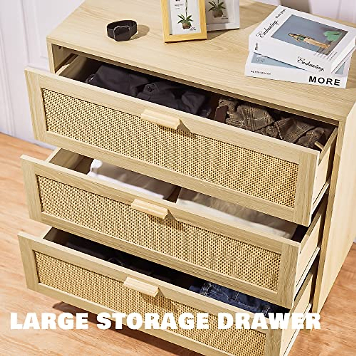 Graficial 3 Drawer Dresser, Rattan Chest of Drawers, Closet Storage Bedside Table Dresser for Bedroom