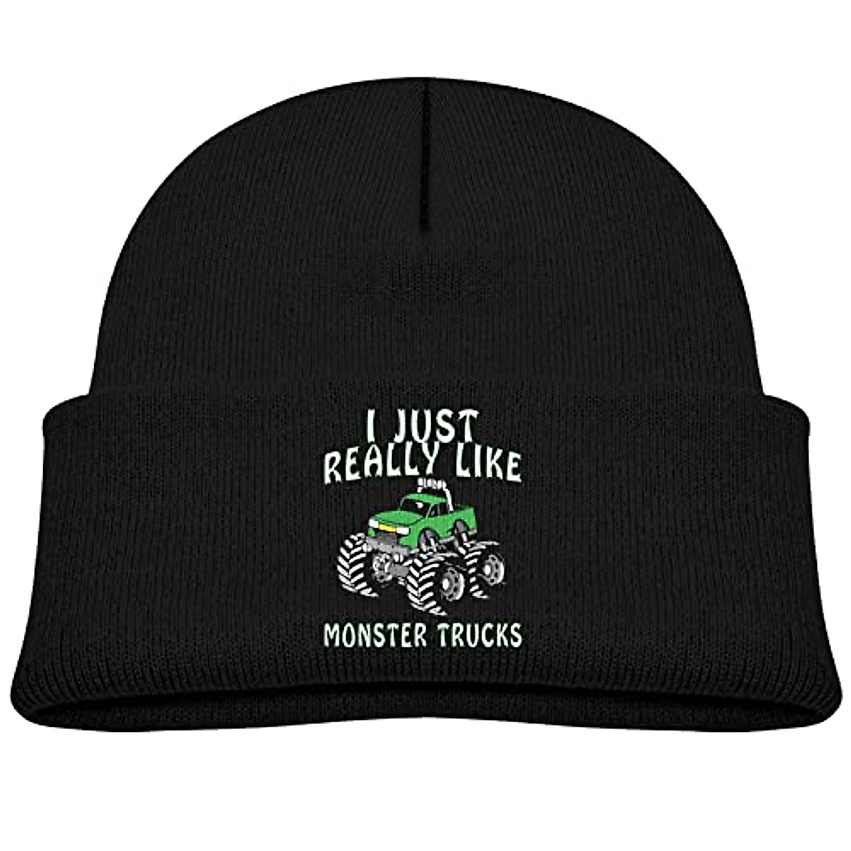 I Just Really Like Monster Trucks Kids Hat Knitted Beanie Skull Warm Winter Unisex for Baby Cuffed Beanie Cap black