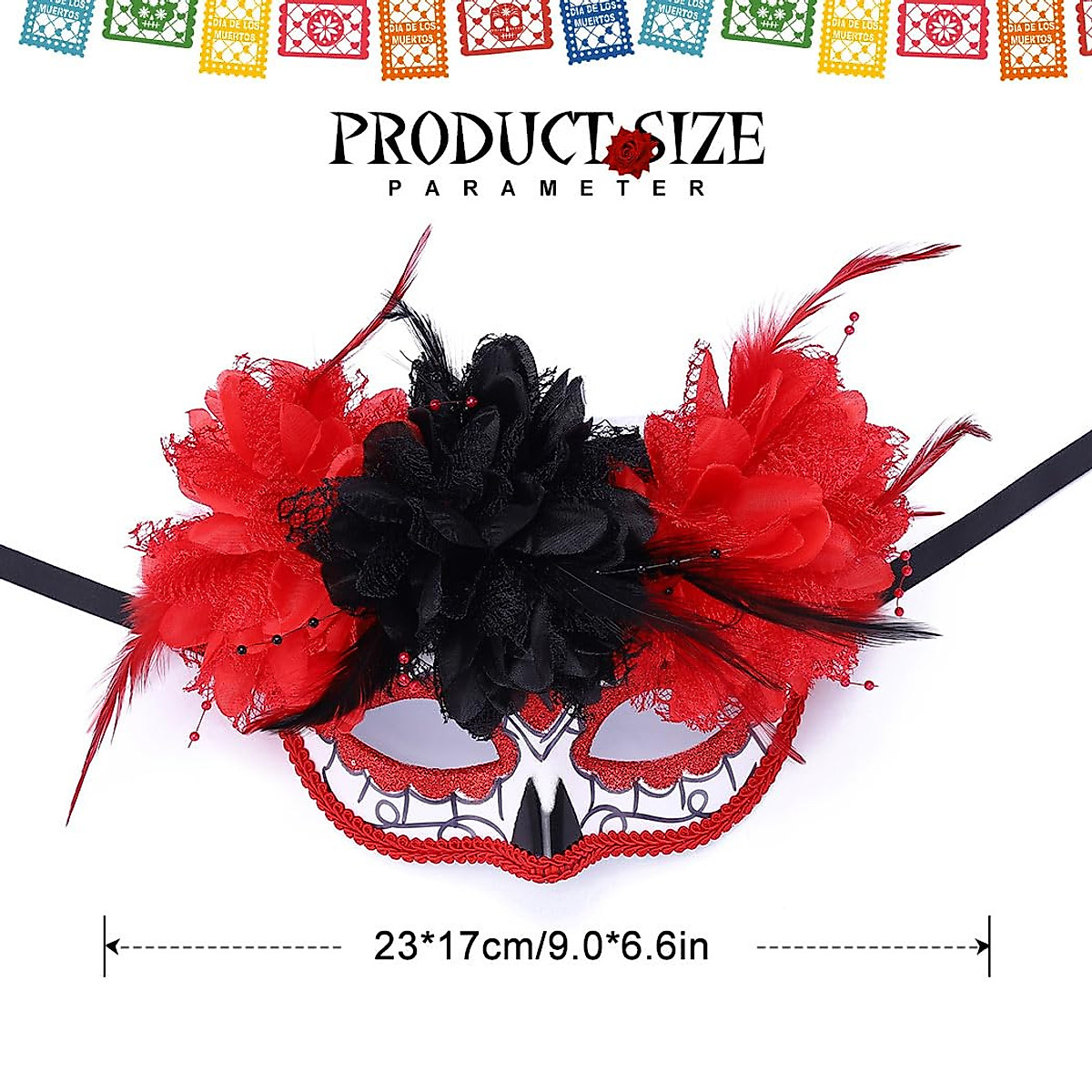 BODIY Women Red Flower Halloween Masquerade Mask Skull Day of the Dead Masks Feather Costume Eyemask Cosplay Rave Half Mask