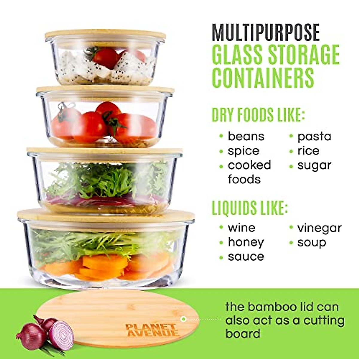 PLANET AVENUE Round Storage Containers with Lids, Ecofriendly Glass Containers, Storage Container with Lid, Glass Container with Bamboo Lid, Airtight Food Container Set