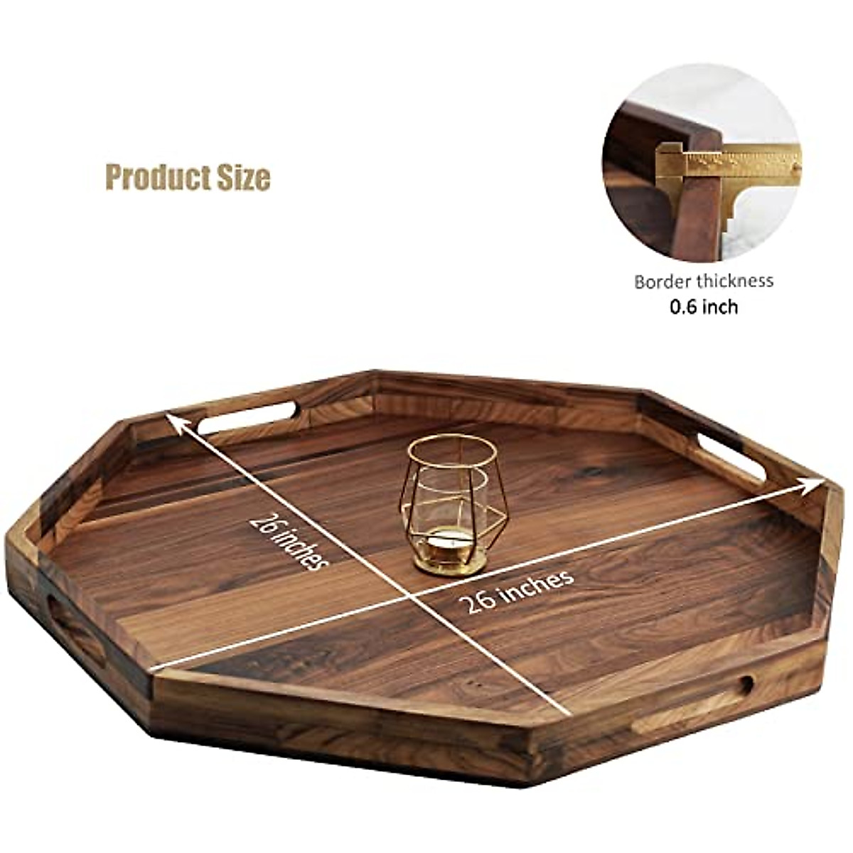 MAGIGO 26 Inches Extra Large Octagonal Black Walnut Wood Ottoman Tray with Handles, Serve Tea, Coffee Classic Wooden Decorative Serving Tray