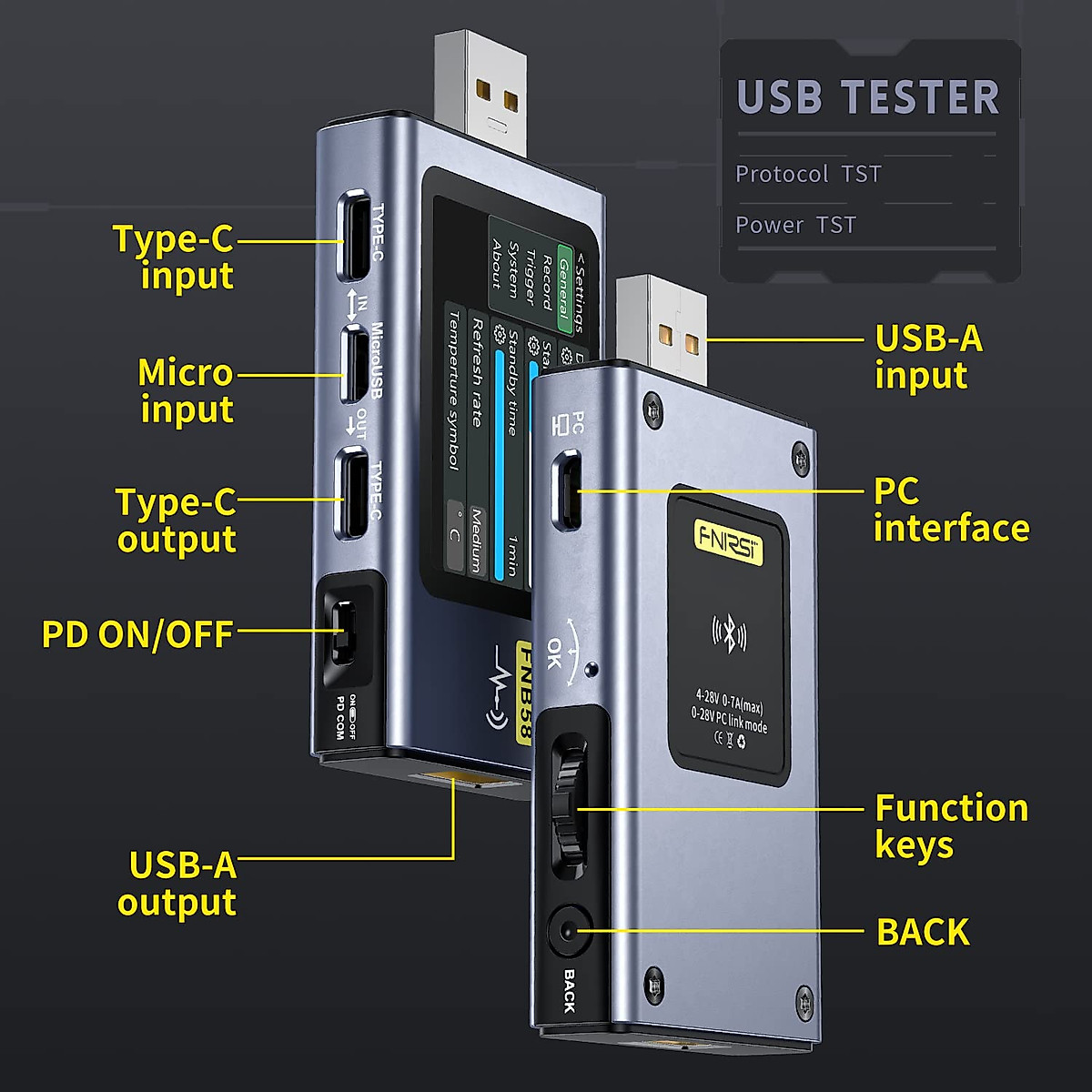 FNIRSI USB Tester 4-28V 7A LCD USB A&C Voltage Current Power Tester Multimeter with Bluetooth, Fast Charge Detection Trigger Capacity Ripple Measurement, PD2.0/PD3.0,QC2.0/QC3.0