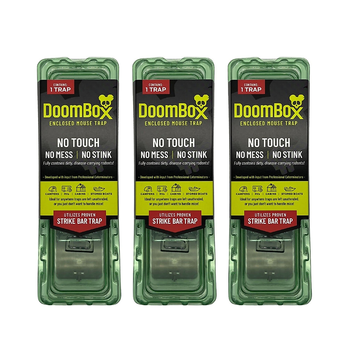 DoomBox™ Green Enclosed Mouse Trap | Keeps The Mess with The Mouse | Patented Click-It™ Closure Technology | Safe for Kids & Pets | Certified Child Resistant | Made in USA (3-Pack Green)
