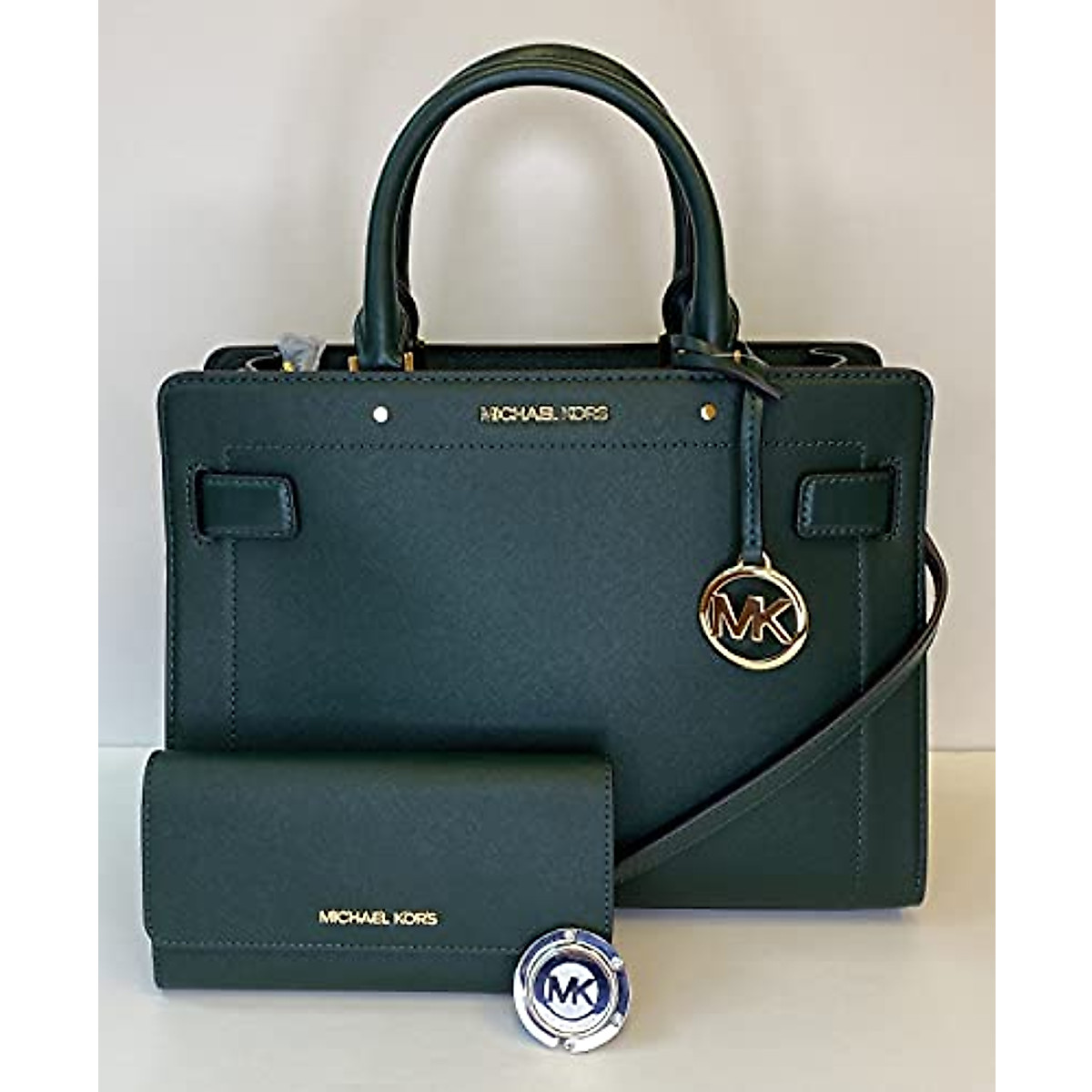 Michael Kors MICHAEL Michael Kors Rayne MD EW Satchel bundled with Trifold Wallet Purse Hook (Racing Green)