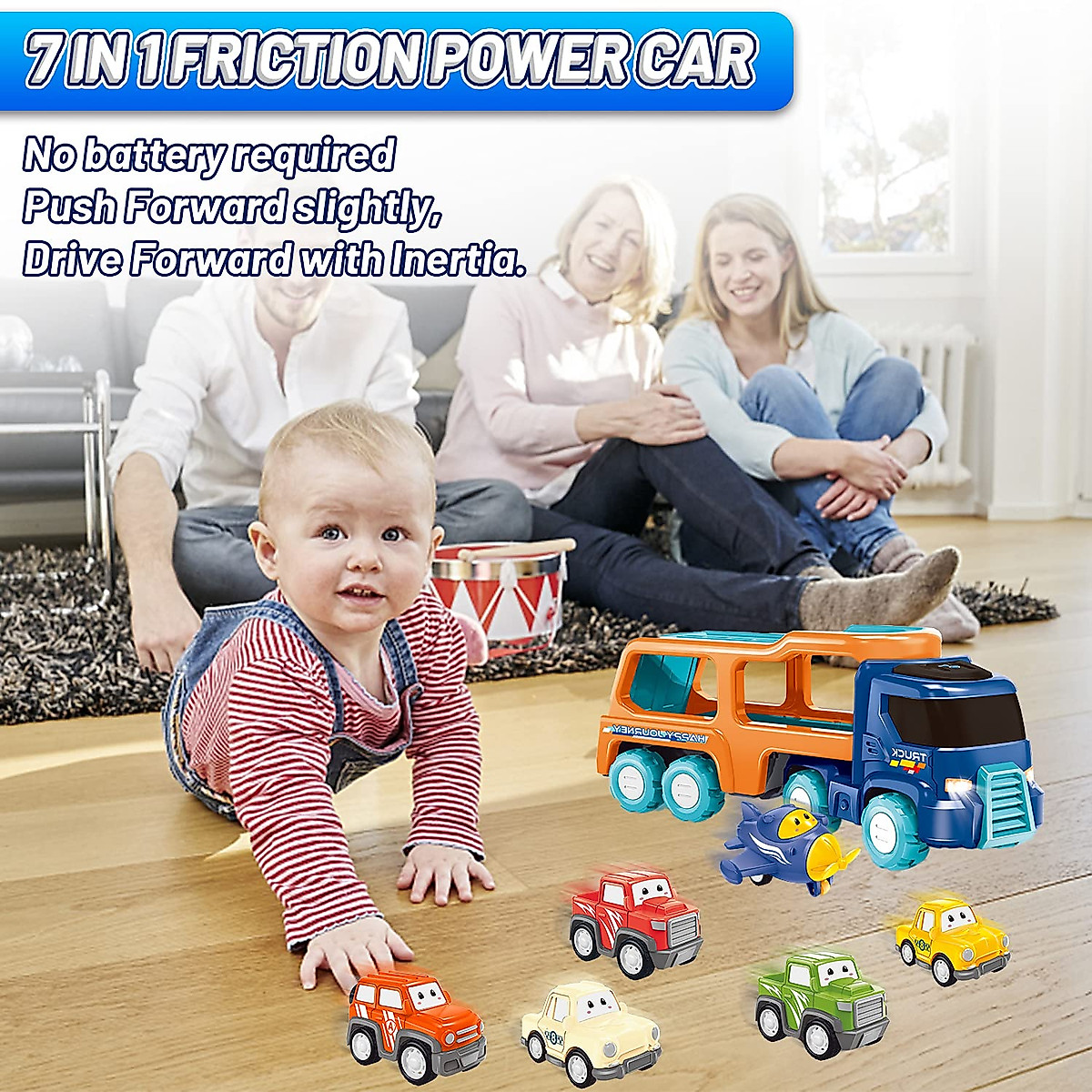 FGSOSO Toys for 1 2 3 4 5 Year Old Boy,7 in 1 Cartoon Vehicles Playset Carrier Car Toy Truck Transport Car with Lights and Melodys,Friction Power Push and Go Toys Car for Toddler Party Birthday Gifts