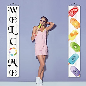 Summer Popsicle Porch Banner Welcome Summer Seasonal Holiday Party Farmhouse Front Door Sign Wall Hanging Banner Decoration