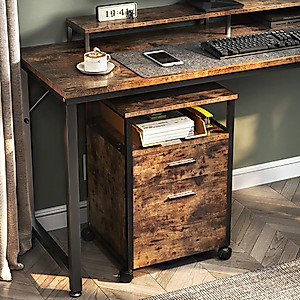 TC-HOMENY Mobile File Cabinet on Wheels Office Cabinet with 2 Drawers, Wood Filing Cabinet fits A4 or Letter Size for Home Office, Rustic Brown