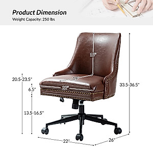 Faux Leather Home Office Chair with Black Metal Base and Nailhead, Modern Comfy Ergonomic Desk Chair with Adjustable Height/Tilt, 360-Degree Swivel, Armless Cute Decoration Vanity Chair, Brown