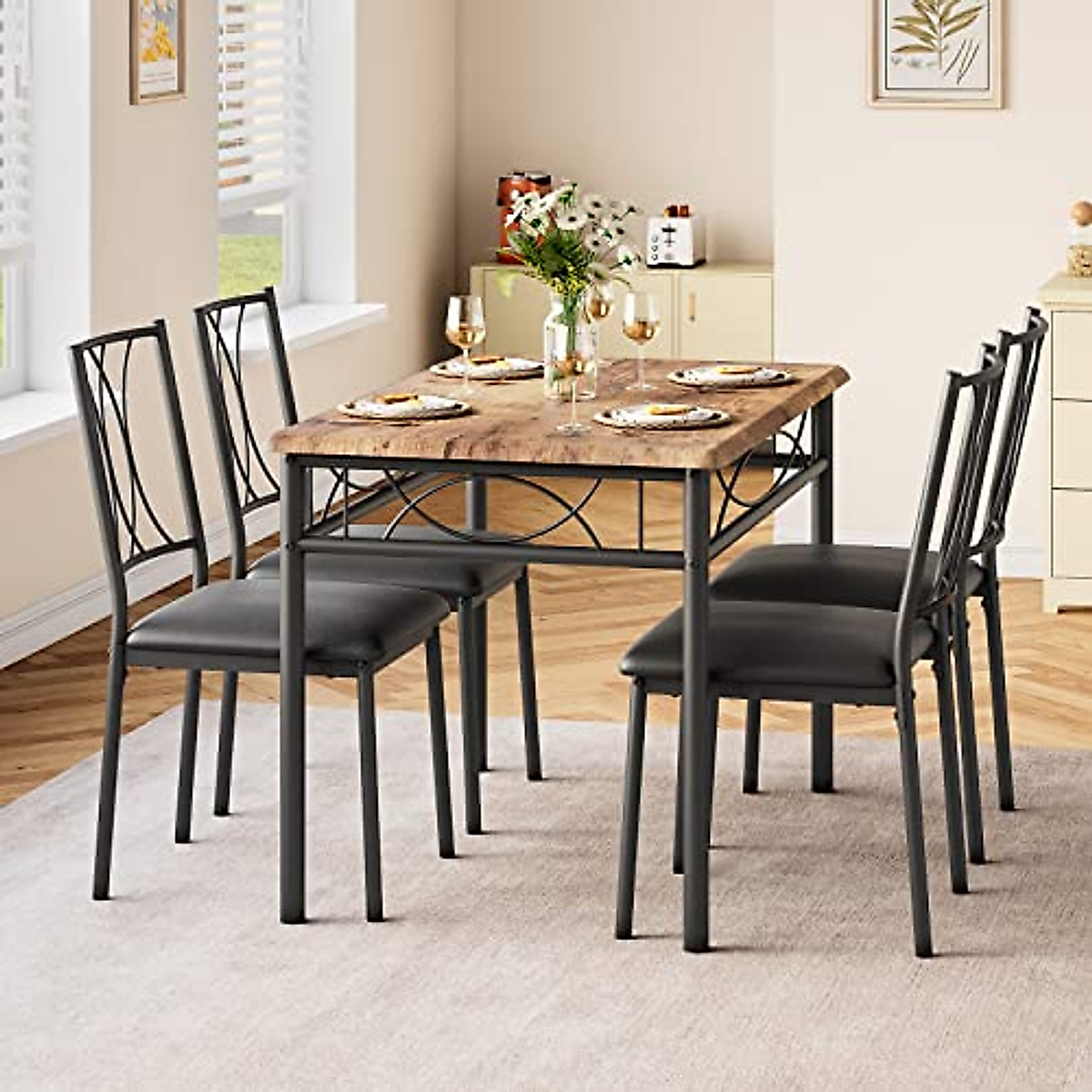 Alkmaar Kitchen Table and Chairs for 4, Dining Table Set for 4 with Upholstered Chairs, Kitchen Table Set for 4, Rectangular Dining Room Table Set for Small Space, Apartment, Studio, Rustic Brown