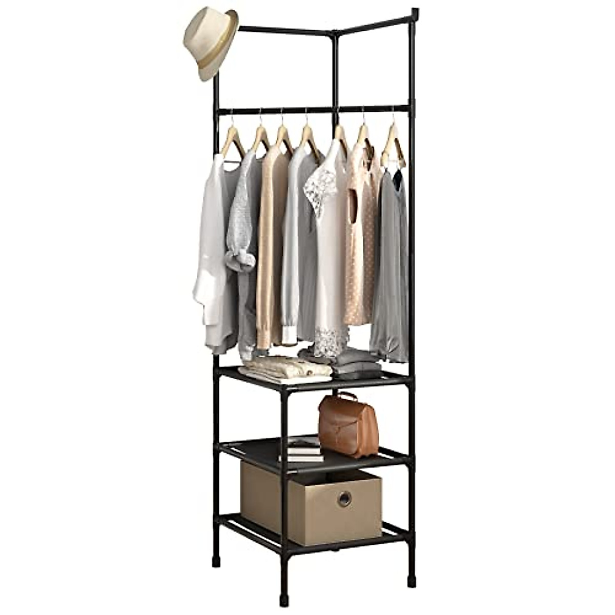 MOYIPIN Coat Rack Freestanding Closet Organizer,Simple Hall Tree with 3 Storage Shelves, Corner Storage Organizer, for Entryway, Bedroom, Black