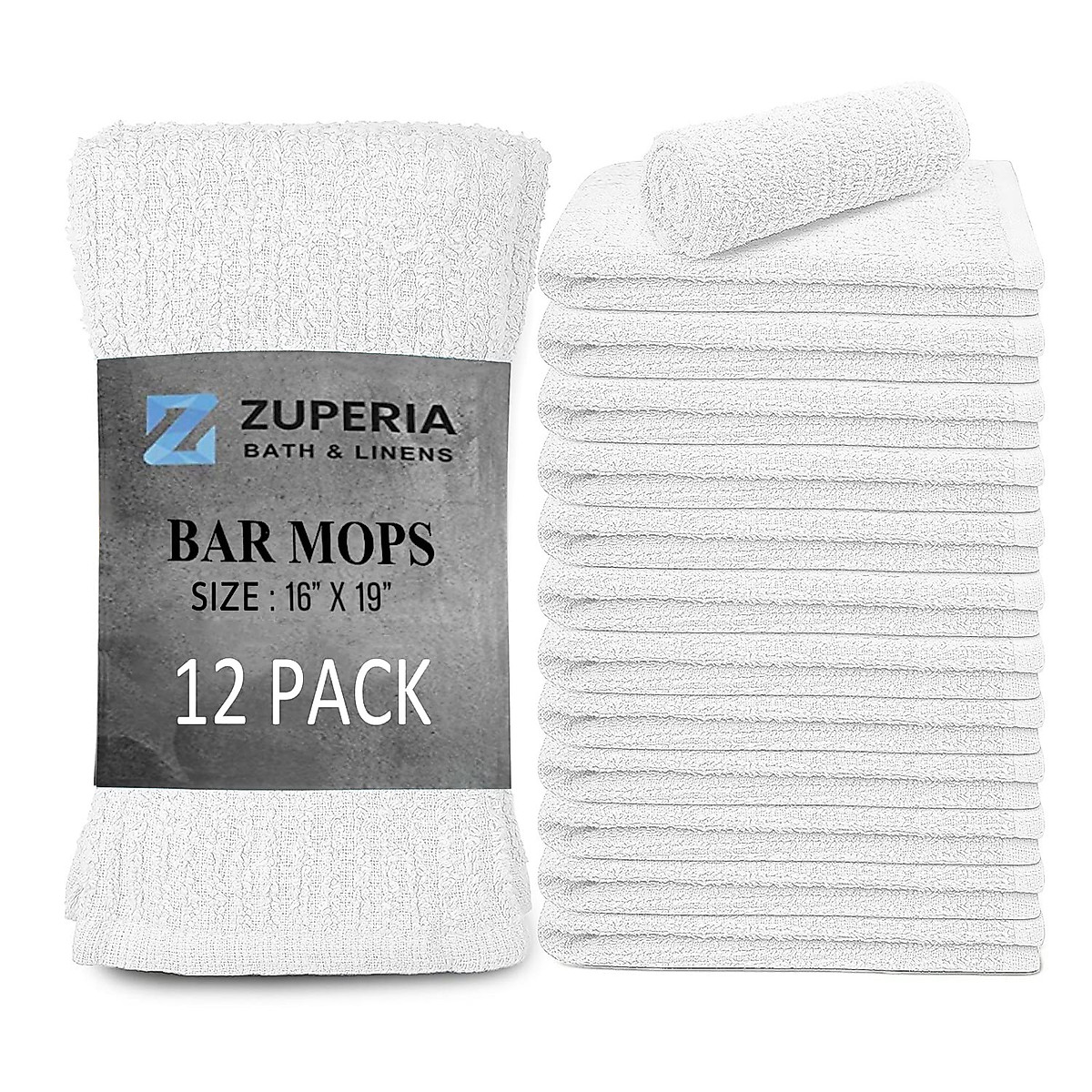 ZUPERIA Bar Mop Kitchen Towels- 12 Pack, 16 x 19 Inches, Bar Mop Towels -100% Cotton Barmops Towels - Super Absorbent, Multi-Purpose for Home, Kitchen and Bar Cleaning (White)