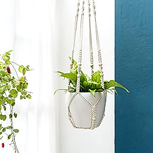 Mkono 43 Inch Macrame Plant Hanger Large for up to 12 Inch Pot Extra Long Hanging Plant Holder No Tassels Hanging Planter Basket with Wood Beads for Indoor Outdoor Boho Home Decor, Ivory
