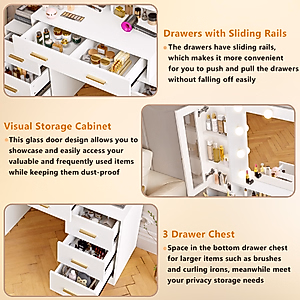 elifine Vanity Desk with Mirror and Lights & Charging Station, Makeup Vanity Mirror with 3 Colors Lighting Adjustable Brightness, Large Dressing Table with Nightstand, 7 Drawers & 2 Cabinets