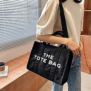 Canvas Tote Handbag Shoulder Bag, Letter Printing Solid Crossbody Bag, Large Capacity Tote Bag for Men Women (2pcs Black & Beige)