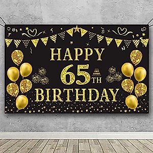 Trgowaul 65th Birthday Backdrop Gold and Black 5.9 X 3.6 Fts Happy Birthday Party Decorations Banner for Women Men Photography Supplies Background Happy Birthday Decoration