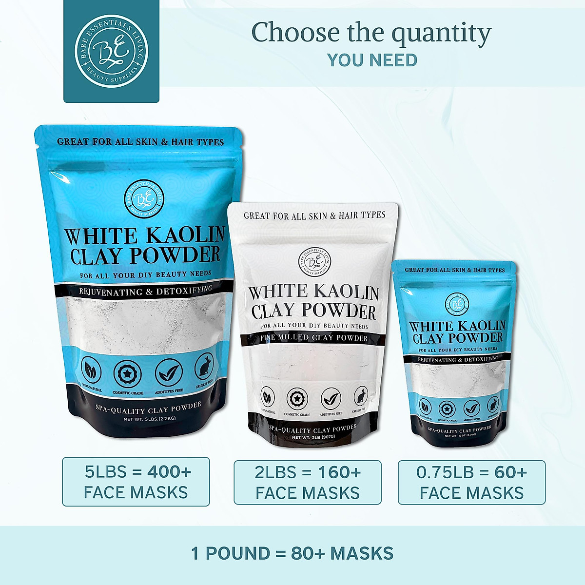 Bare Essentials Living - White Kaolin Clay Powder (2 lb) 100% Natural White Powdered Clay for Seed Bombs, White Clay Mask, DIY Spa, Soap, Bath Bomb, Deodorant, Can be Used as Kaolin Clay for Gardening