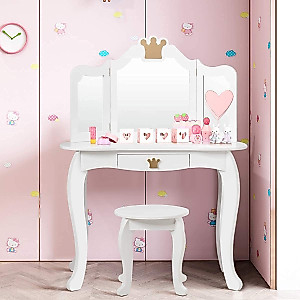 HONEY JOY Kids Vanity, Crown Themed Toddler Dressing Makeup Table and Chair Set w/Drawer & Tri-Folding Mirror, Detachable Mirror, Princess Pretend Play Girls Vanity Set with Mirror and Stool(White)