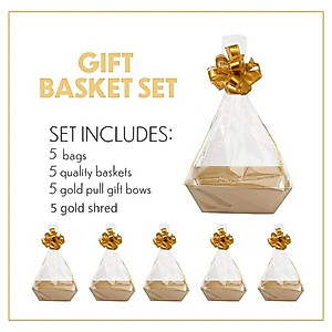 Upper Midland Products [5 Pk] 10x12” Large Big Basket for Gifts Empty, Basket Bags, Gold Pull Bows, Crinkle Cut Paper Shred Filler| DIY Wine Basket Gift Set Kit| Christmas, Easter| Gift to Impress