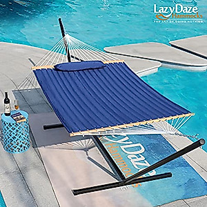 Lazy Daze 12 FT Double Quilted Fabric Hammock with Spreader Bars and Detachable Pillow, 2 Person Hammock for Outdoor Patio Backyard Poolside, 450 LBS Weight Capacity, Navy Blue