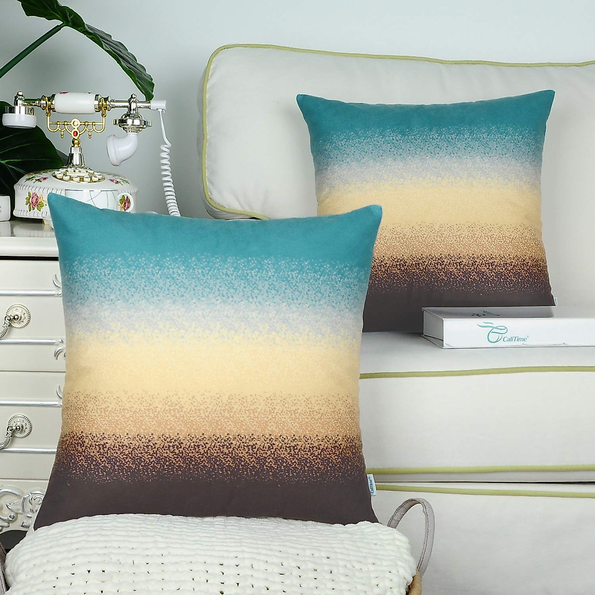 CaliTime Pack of 2 Cozy Fleece Throw Pillow Cases Covers for Couch Bed Sofa Farmhouse Modern Gradient Ombre Rainbow Stripes 20 X 20 Inches Teal to Coffee
