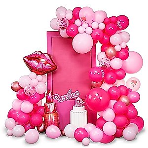 SANERYI Pink Balloon Garland Arch Kit 147pcs for Girls Birthday Party Supplies Set Red Lips and Lipstick Foil Mylar Kiss Balloons for Makeup Valentines Wedding Backdrop Decor