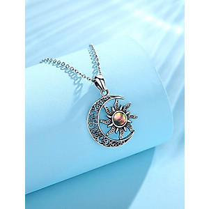 NFUSEU Sun and Moon Necklace Sterling Silver for Women Witchy Jewelry Crescent Moon Pendant Twitches Abalone Vintage Oxidized Black Birthday Gifts, 18 Inch Chain