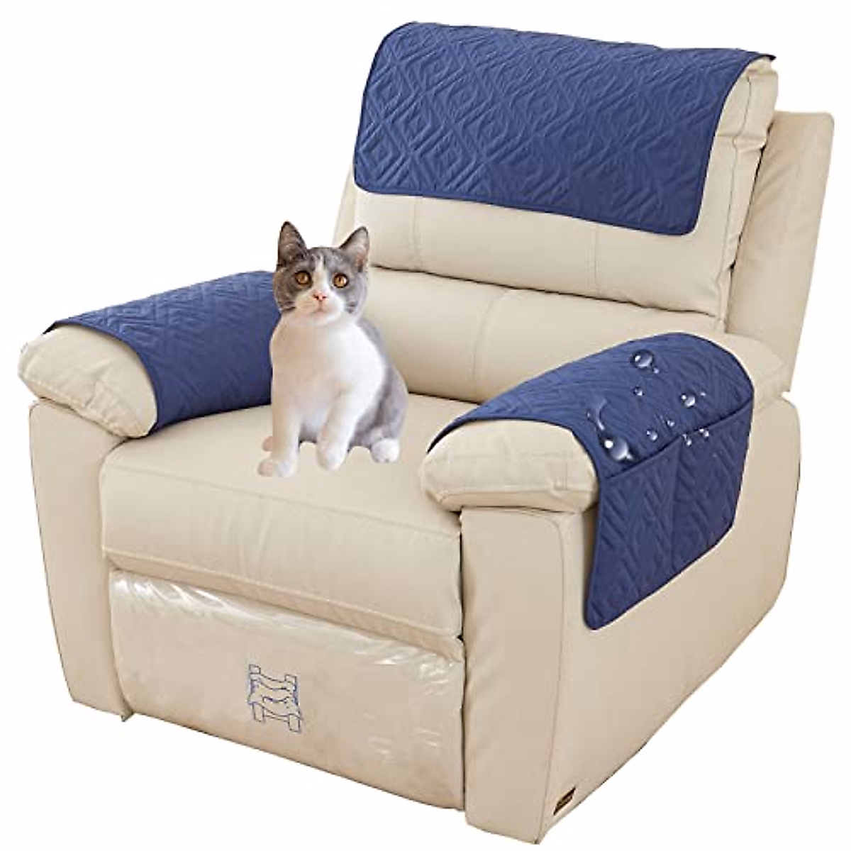 EXTLEZSA Water Proof Sofa Armrest Cover, 1/2/3 Seater Sofa Headrest Slipcovers with Pocket Nonslip Armchair Cover Quilted Furniture Protector for Recliner Leather Sofa Couch (Navy,1 Seat 3 pc)