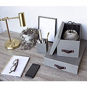 Bigso Silvia Organizational Storage Box | Photo Storage Box with Leather Handle for Shelves and Stacks Easily | Durable and Decorative Storage Boxes with Lids | 5.9″ x 6.5″ x 11.6″ | Gray