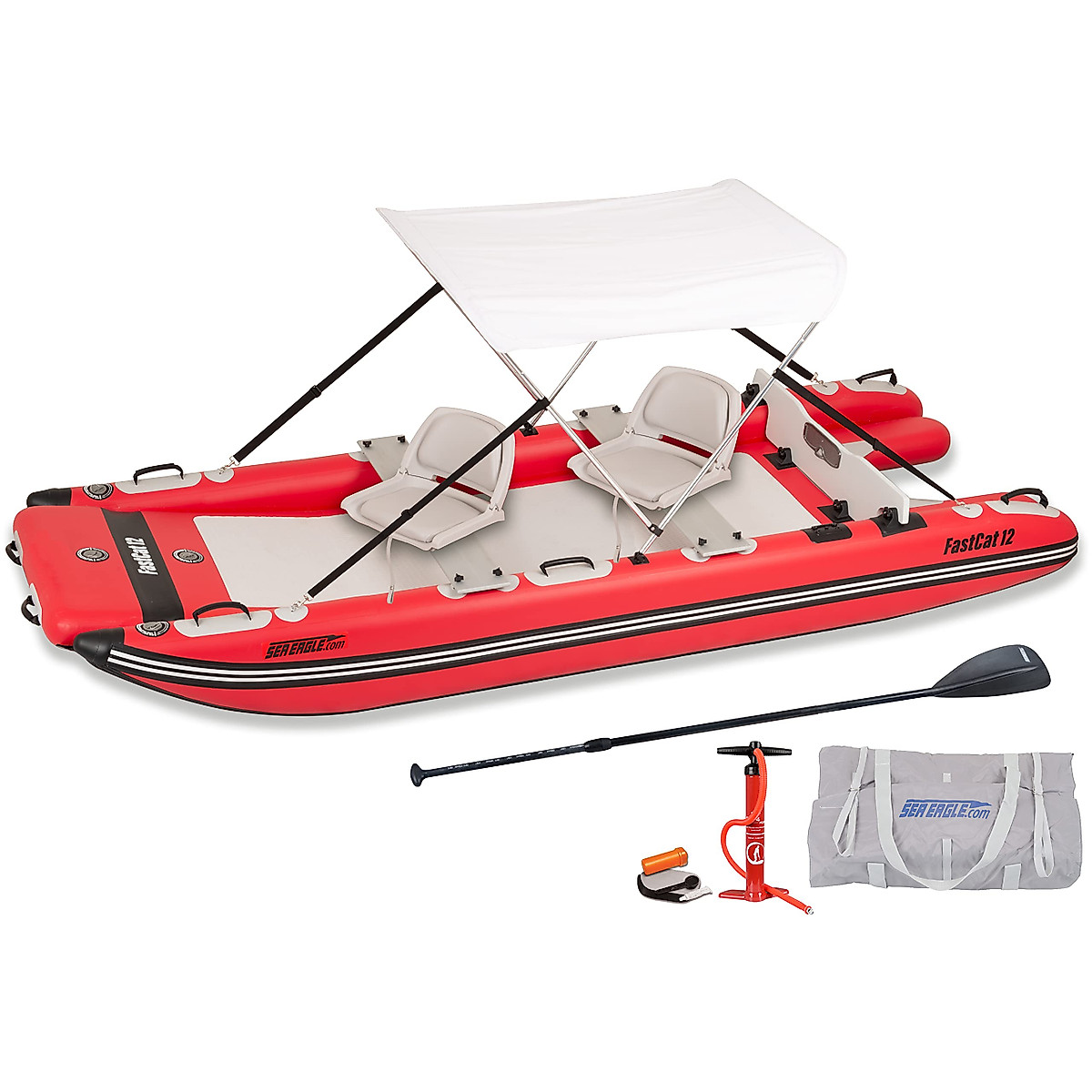 Sea Eagle FastCat Catamaran 2-4 Person Inflatable Boat-Rigid, High-Pressure, All-Drop Stitch, Easy Setup, Self-Bailing (FastCat12 Swivel Seat Canopy Package)