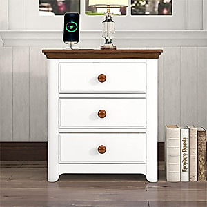 Flieks Wooden Nightstand with USB Charging Ports and Three Drawers,End Table for Bedroom,White+Walnut
