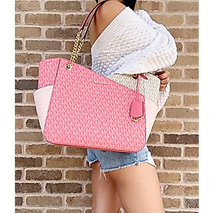 Michael Kors Jet Set Travel Large Chain Shoulder Tote Tea Rose Pink MK Signature Bundled Jet Set Travel Large Trifold Wallet Powder Blush Pink Saffiano