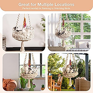 MEWOOFUN Hanging Macrame Cat Hammock Bed, Cat Swing Bed Space Saving Window Perch with Washed Cotton Mat & Funny Cat Toy for Indoor Cats