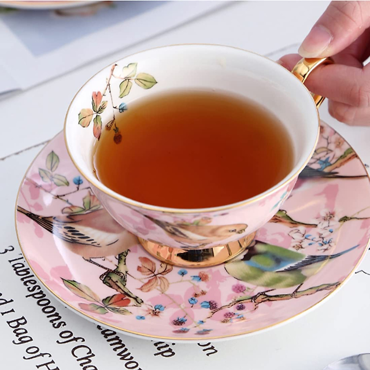 Pfedxoon Pink Bird Tea Cup with Saucer Spoon 3 Piece Set（7oz） Cappuccino Cups, Coffee Cups, Tea Cup Set, British Coffee Cups, Porcelain Tea Set, Latte Cups, Mother's Day Gift