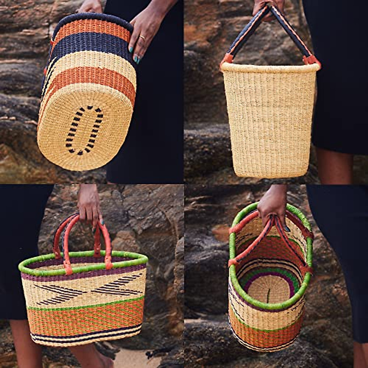 Handwoven African Grass Basket, Oval Style- flat bottom with 2 handles Fair Trade