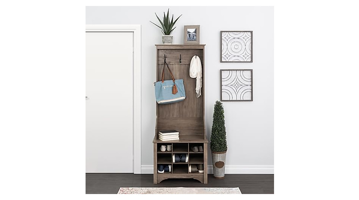 Prepac Narrow Hall Tree: 9 Shoe Cubbies & Bench