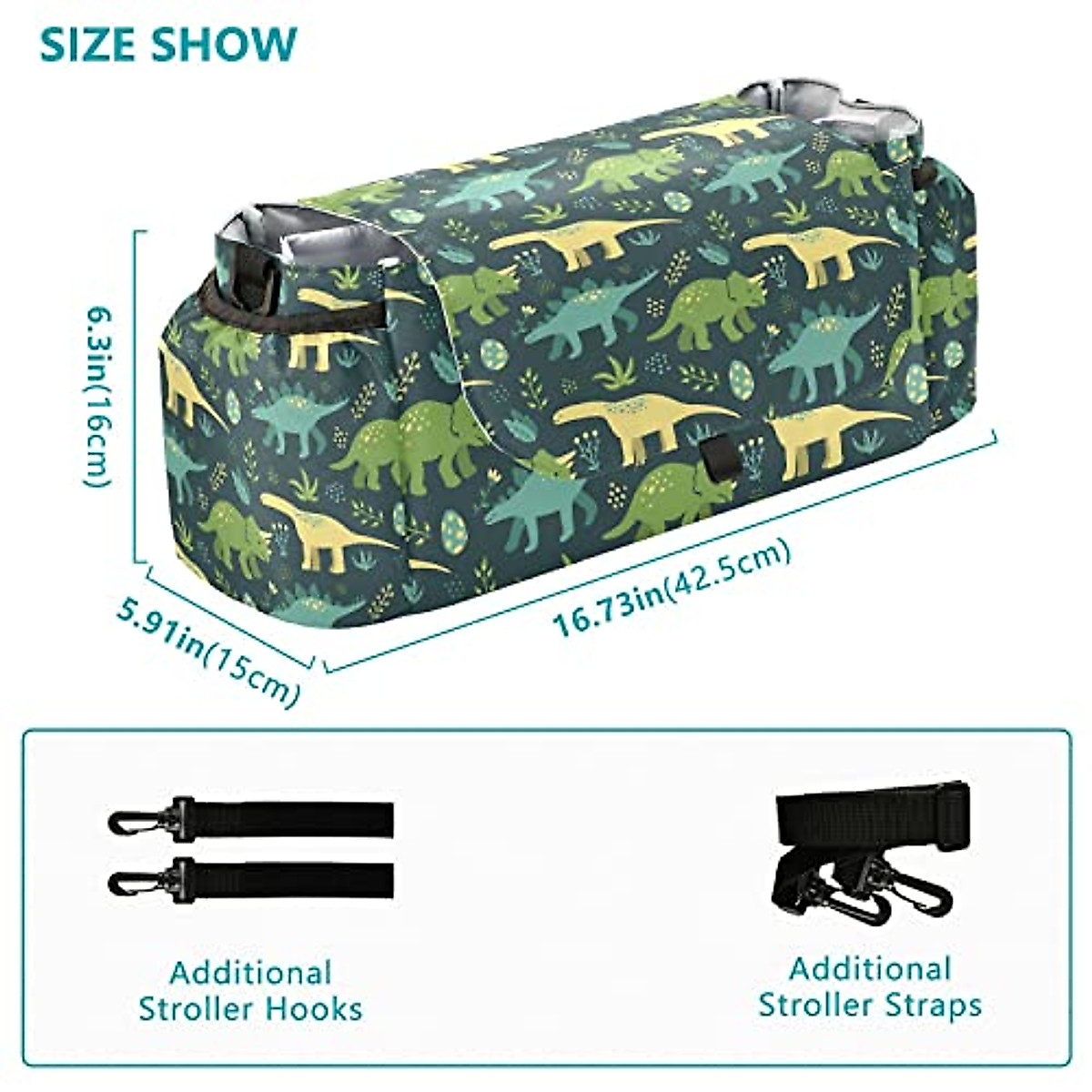 Sinestour Cute Green Dinosaur Stroller Organizer with Cup Holder Universal Stroller Organizer Bag Detachable Shoulder Strap Stroller Accessories for Diaper Toys Phone Keys Fit All Baby Stroller