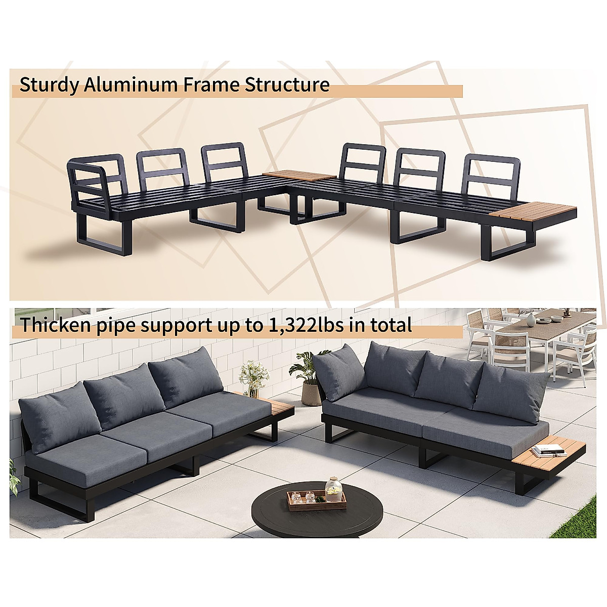 PaPaJet Aluminum Patio Conversation Set with Backrest, 3 Piece 3 Seat Modern Outdoor Furniture Set with Wood Grain Plastic Top Side Table for Backyard Porch, Gray