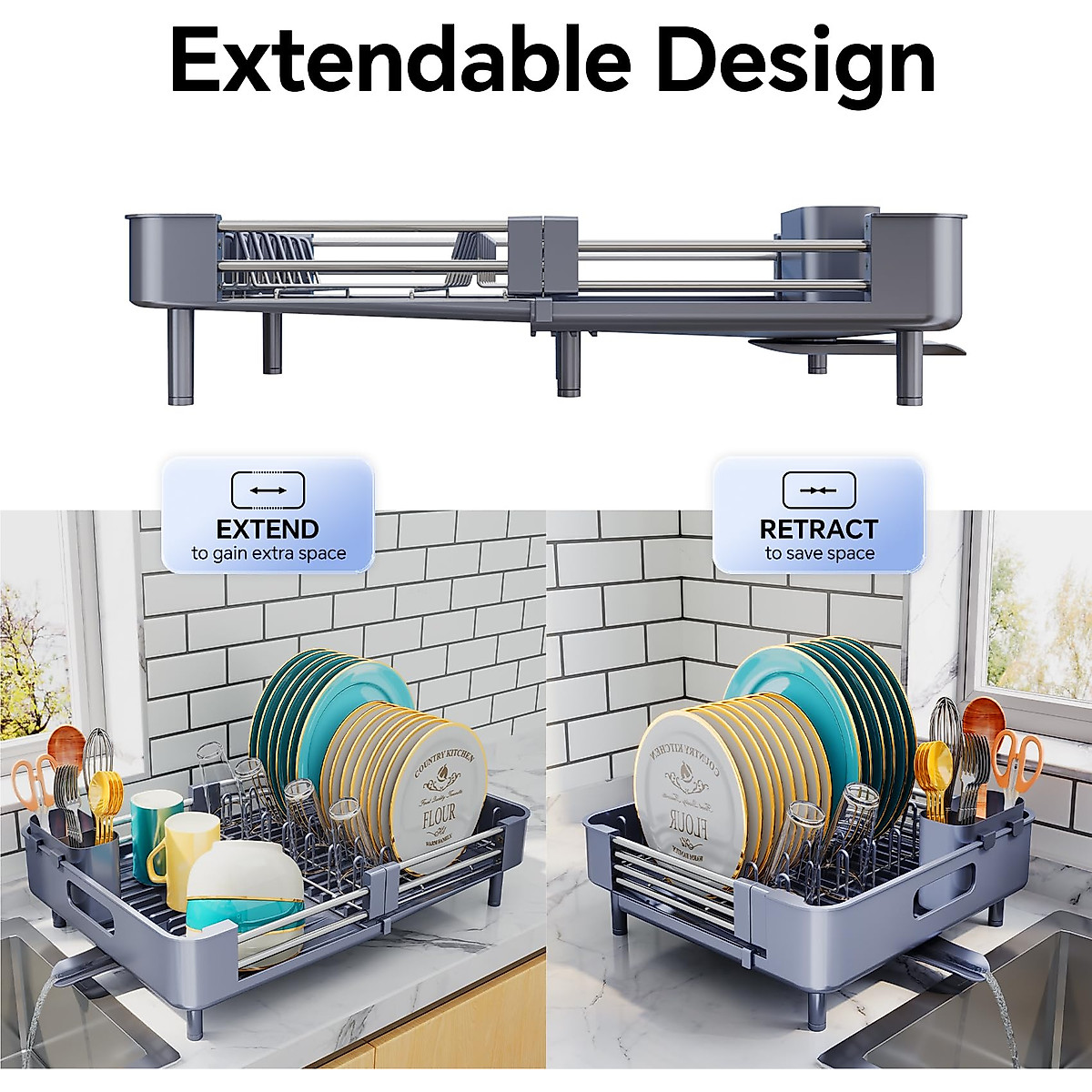 Dish Drying Rack, Kitchen Dish Drainer Rack, Expandable(13.2"-19.7") Stainless Steel Sink Organizer Dish Rack and Drainboard Set with Utensil Holder Cups Holder for Kitchen Counter