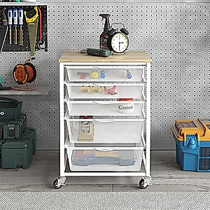 Rolling Storage Cart on Wheels, with 5 Handle Mesh Drawers Baskets and Wooden Top, Industrial Mobile Storage Cabinet, Scrapbook Paper Office School Organizer for Office Pantry Bathroom