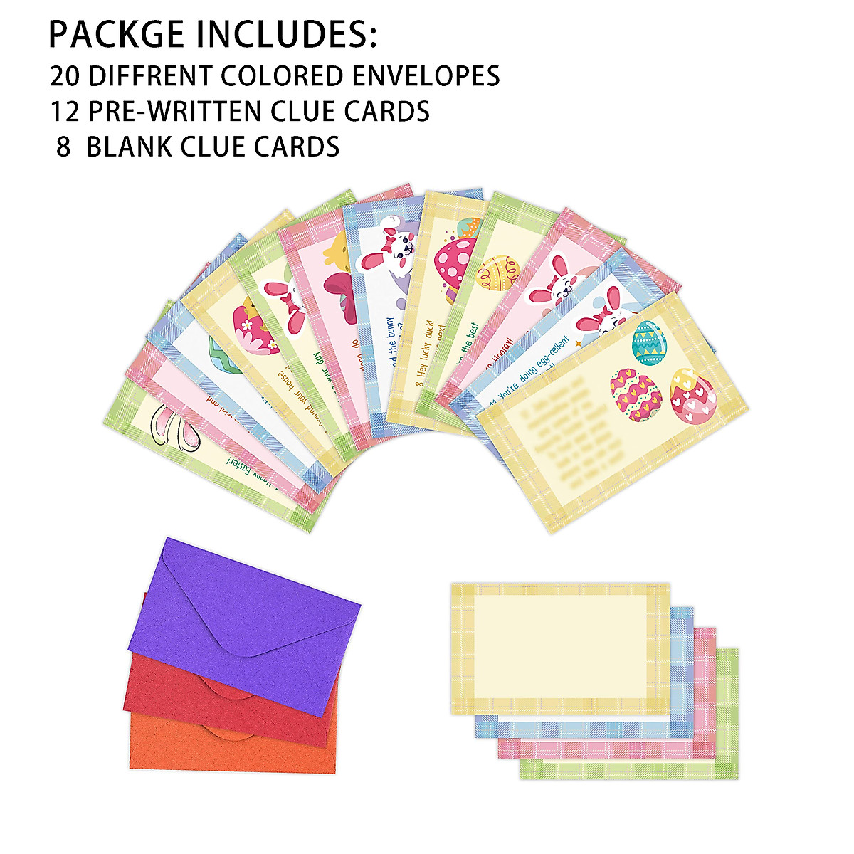 HEZNZXQ Easter Treasure Hunt Clues Game Cards, Bunny Scavenger Hunt Card Game(20 Cards with Envelopes), Indoor Ourdoor Party Games Supplies Activities for Adults (A03)