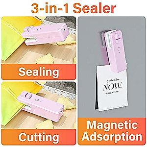 Uluck Mini Bag Sealer,Rechargeable Handheld Plastic Bag Resealer, 3 in 1 Heat Sealer and Cutter,Comes with USB C Cable Power Cable for Chip Bags, Plastic Bags, Snack Bags(No battery required) (Pink)