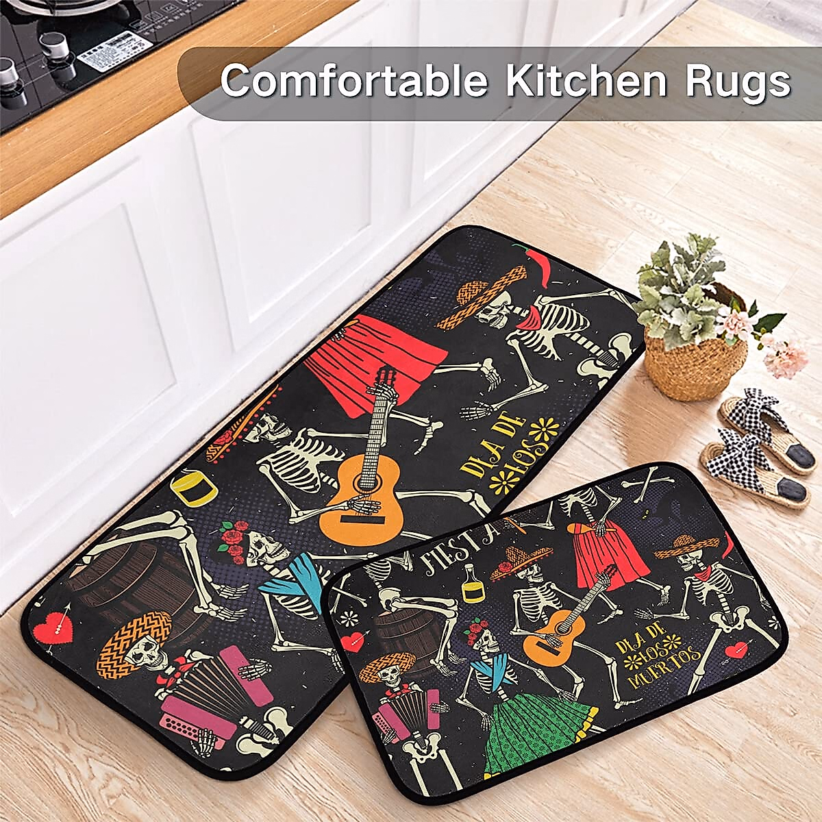 Emelivor Mexican Talavera Tile Kitchen Rugs and Mats Set 2 Piece Non Slip Washable Runner Rug Set of 2 for Floor Home Kitchen Laundry Decorative